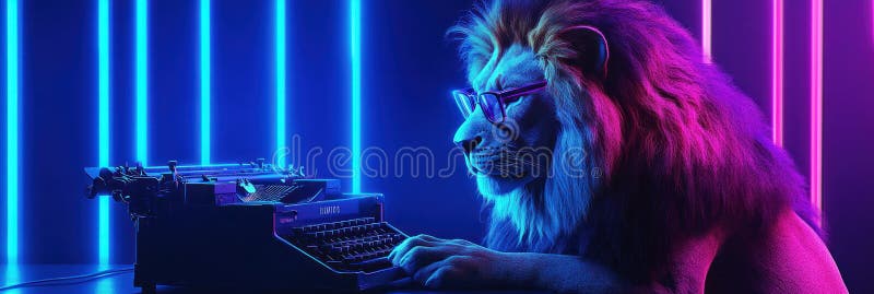 A Lion in Glasses Types on a Vintage Typewriter in Front of Neon Lights ...