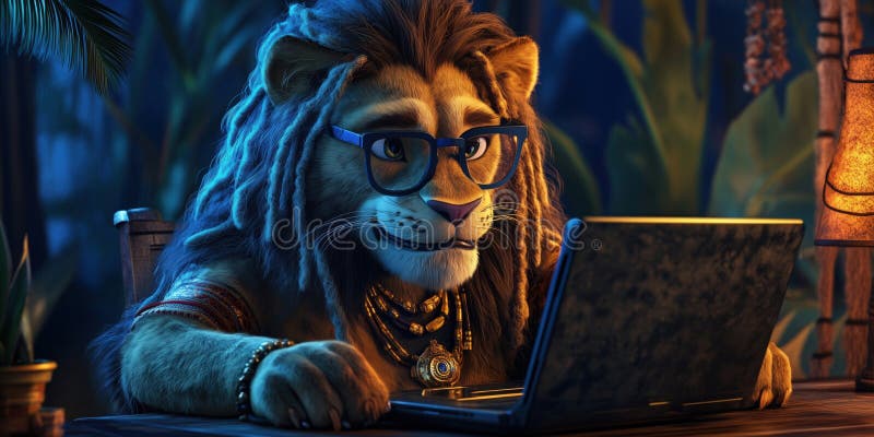 Lion with Glasses Working on Laptop in a Tropical Setting at Night ...