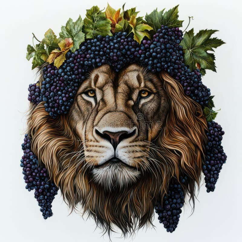 A Lion with Grapes on Its Head Stock Illustration - Illustration of ...