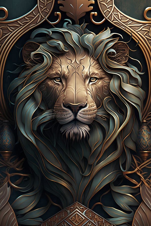 Lion Head in a Golden Frame. 3d Rendering. Computer Digital Drawing ...