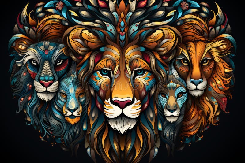 A Lion Head with Many Different Colors on a Black Background Stock ...