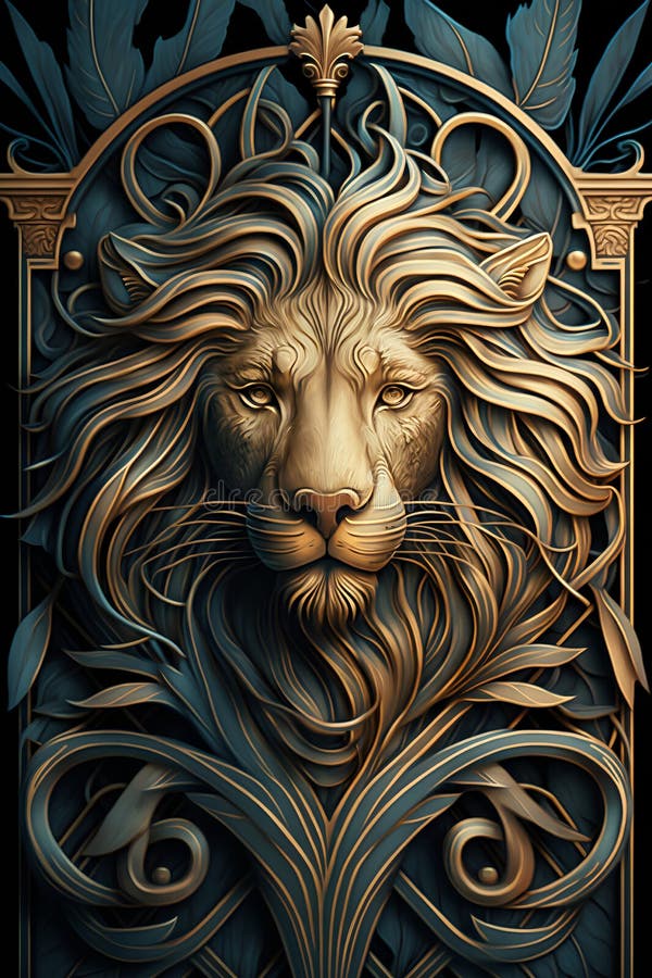 Lion Head with Ornate Frame. 3d Rendering. Computer Digital Drawing ...