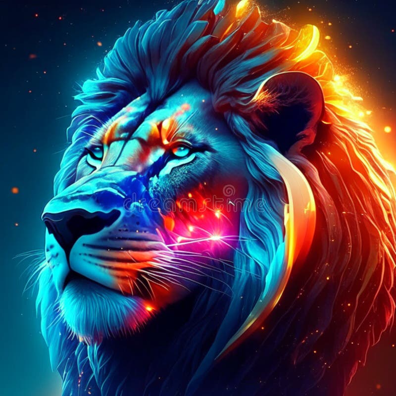 Lion Head with Red and Blue Fire Effect. Vector Illustration Stock ...