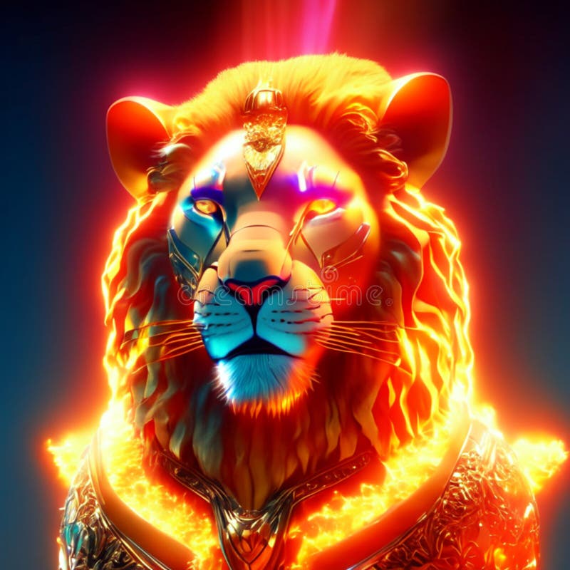 Lion Head with Red and Blue Neon Light. 3d Rendering AI Generated Stock ...
