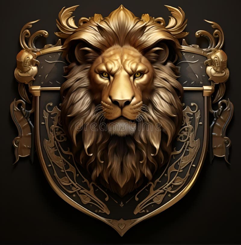 The Lion Head of a Shield is Displayed in an Ornate Gilded Design Stock ...