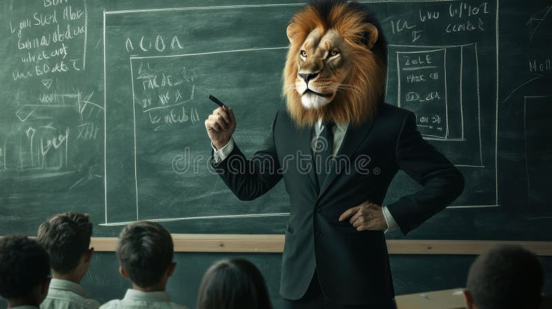 Lion-headed Teacher Conducts Interactive Lesson in Classroom while ...