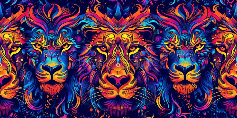 Lion Heads with Vibrant Tribal Designs in a Repeating Layout. Stock ...