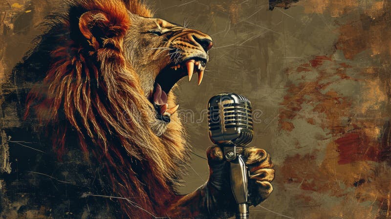Lion Holding Microphone, Open Mouth Singing Entertainment Stock Image ...