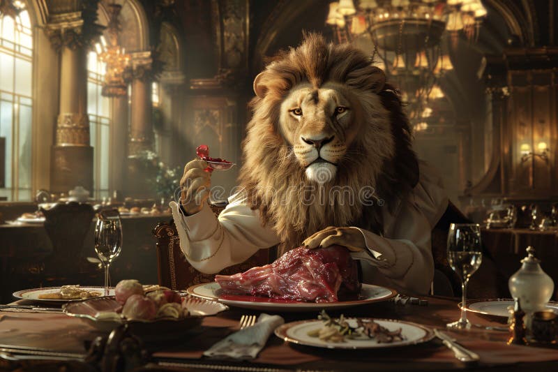 Lion in Human Clothes Eating Meat in Restaurant Stock Illustration ...