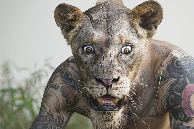 Lion with Human Face and Eyes, AI Generated Stock Illustration ...