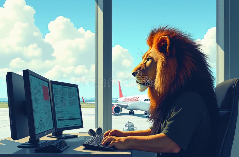 Lion at Work in Airport Office Stock Illustration - Illustration of ...