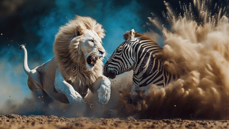 A Lion Hunting a Zebra. Generative AI Stock Illustration - Illustration ...