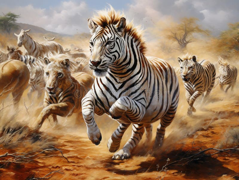 Ai Generated Illustration Wildlife Concept of Lion Hunting Zebra Stock ...