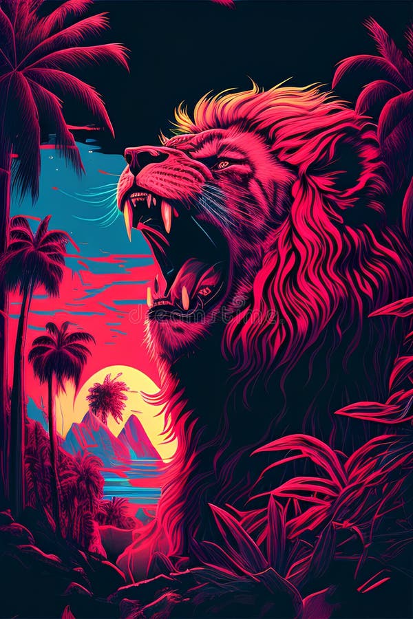 Lion in the Jungle with Palm Trees and Sunset. Vector Illustration ...