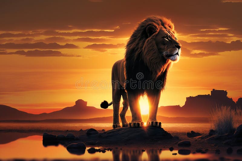 Lion King Stands with Sunset Background Stock Illustration ...