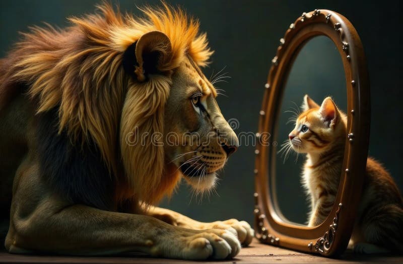 A Lion and a Kitten are Focused on Their Reflections in a Mirror ...