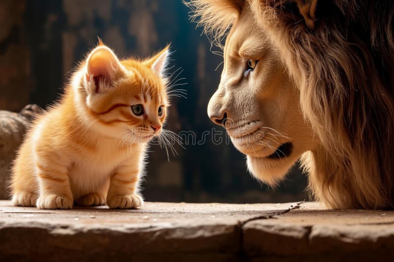 A Lion and a Kitten Looking at Each Other Stock Image - Image of ...