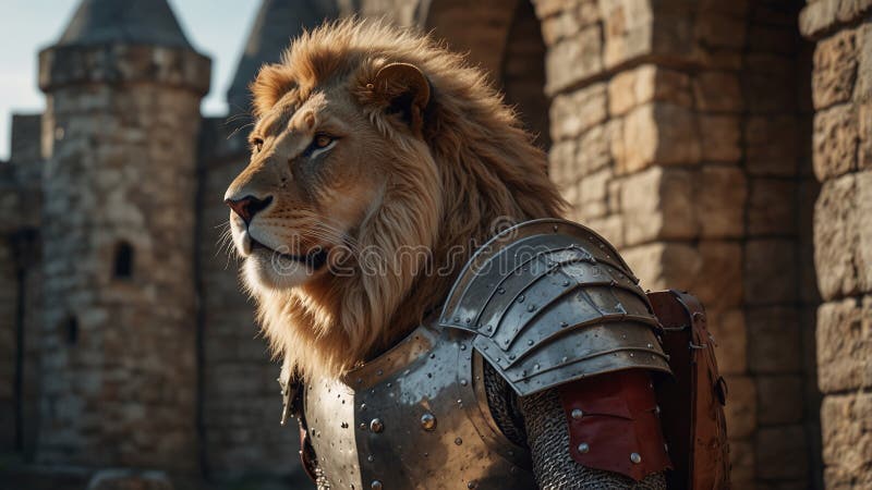 Lion Knight in Shining Armor Standing Proudly in Front of Ancient Stone ...