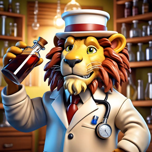 Lion with a Laboratory Cloth Holding a Flask Stock Illustration ...