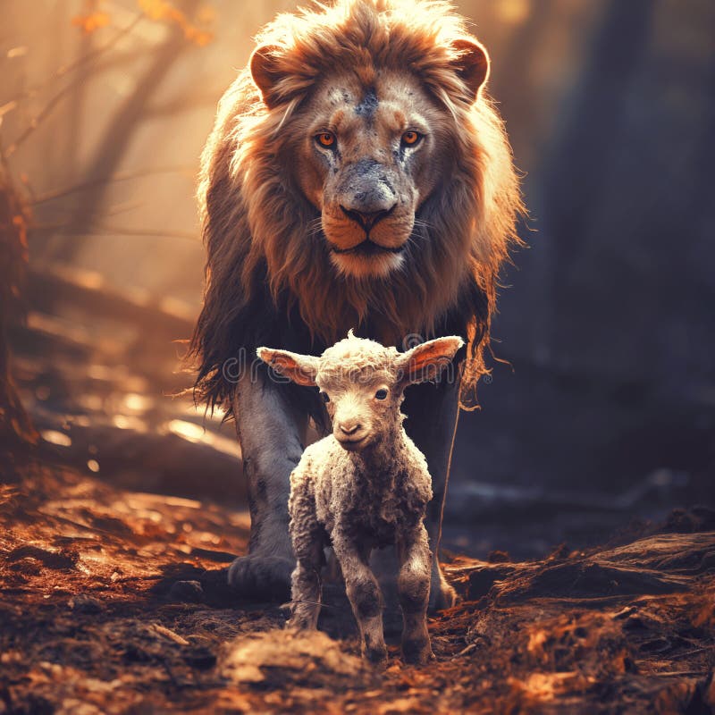 Lion and Lamb in the Forest Stock Illustration - Illustration of story ...