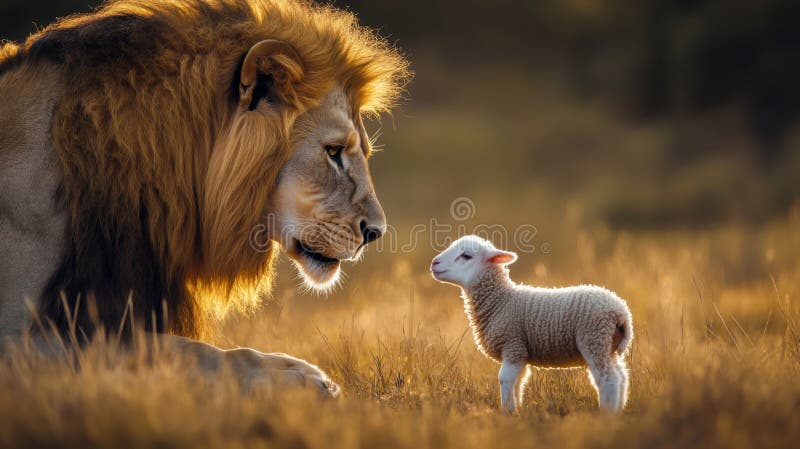 Lion and Lamb in Golden Hour Light Stock Illustration - Illustration of ...
