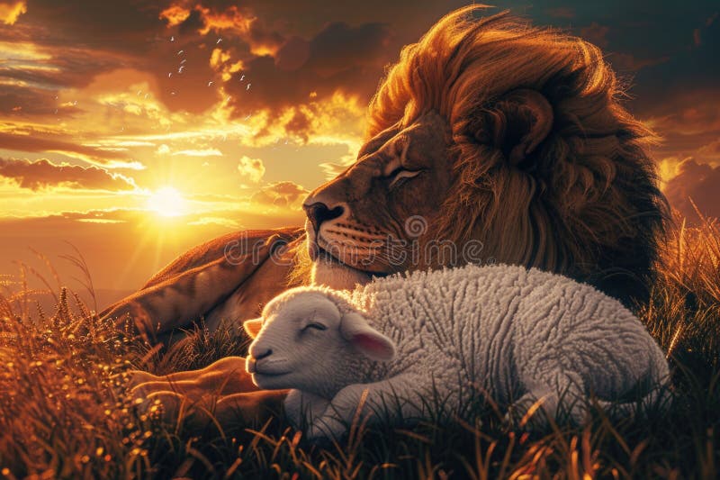A Lion and a Lamb Lying Together in a Green Meadow, Symbolizing Peace ...