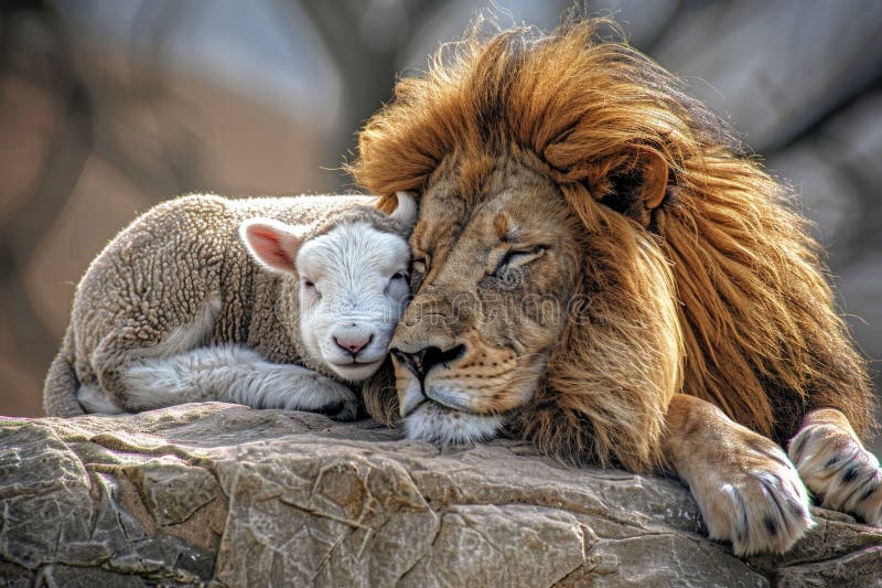 A Lion and a Lamb Lying Together on a Rocky Surface Stock Image - Image ...