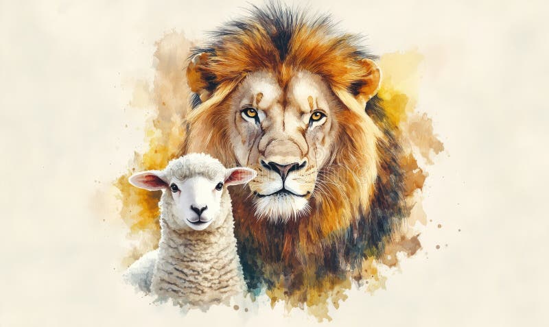 Lion and Lamb Portrait Symbolizing Peace and Strength in Nature Stock ...