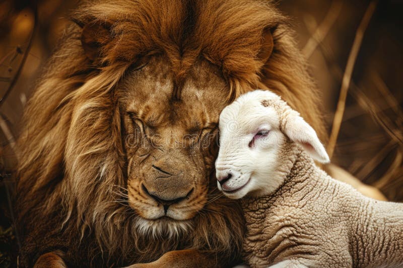 A Lion and a Lamb Resting Peacefully Side by Side Stock Photo - Image ...