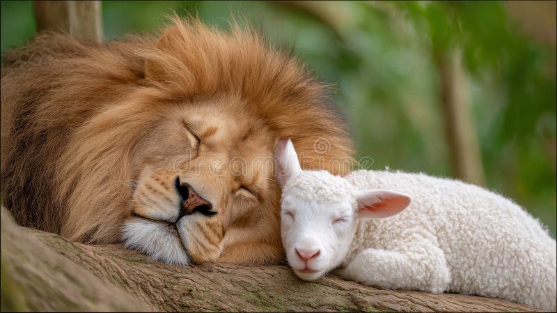 Lion and Lamb Resting Together in Peaceful Harmony on Tree Trunk Stock ...