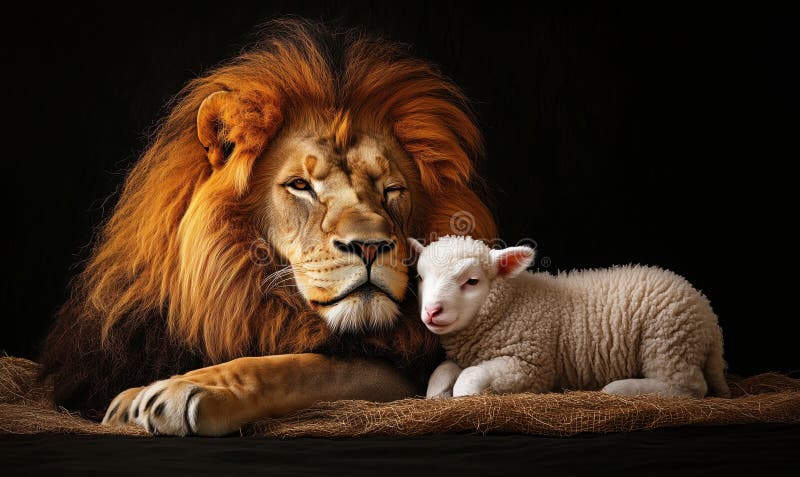 Lion and Lamb Sharing a Peaceful Moment in a Dramatic Portrait Setting ...