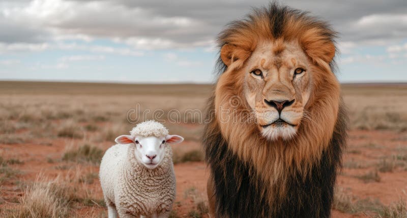 A Lion and a Lamb Stand Side by Side in a Field. Stock Illustration ...
