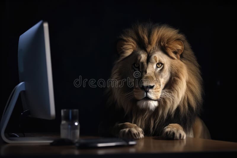 The Lion Sits in Front of the Computer Generative AI Stock Illustration ...