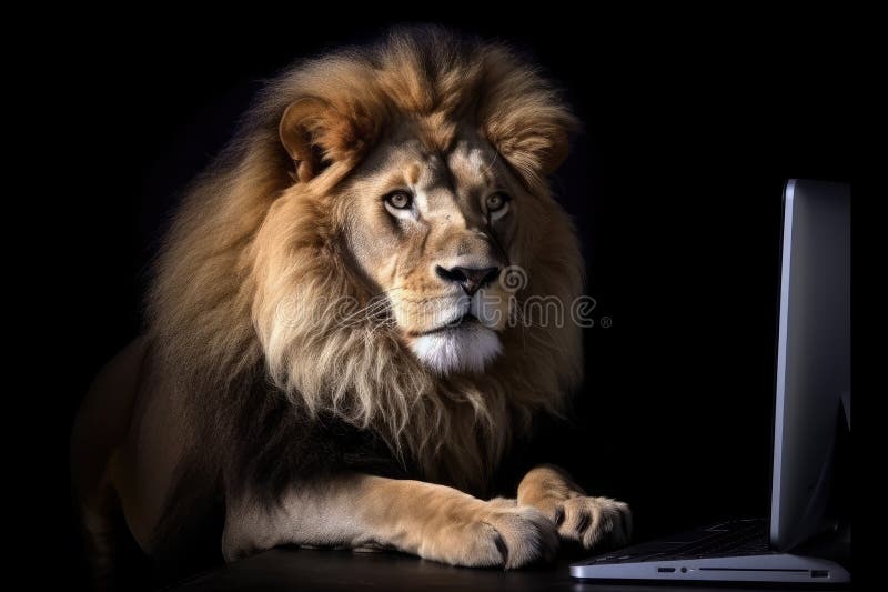 The Lion Sits in Front of the Computer Generative AI Stock Illustration ...