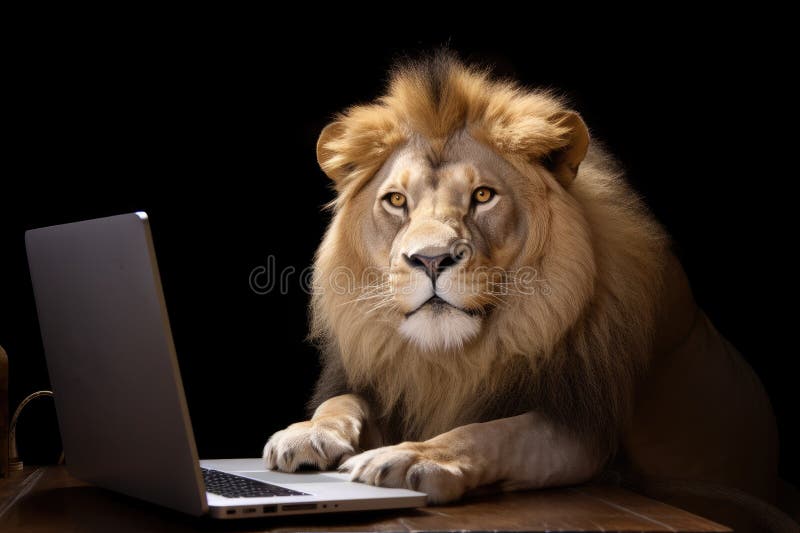 The Lion Sits in Front of the Computer Generative AI Stock Illustration ...