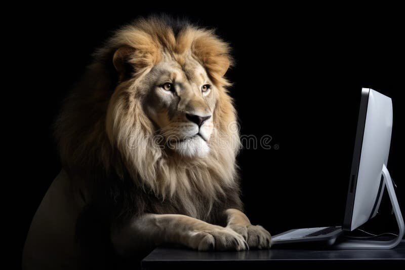 The Lion Sits in Front of the Computer Generative AI Stock Illustration ...