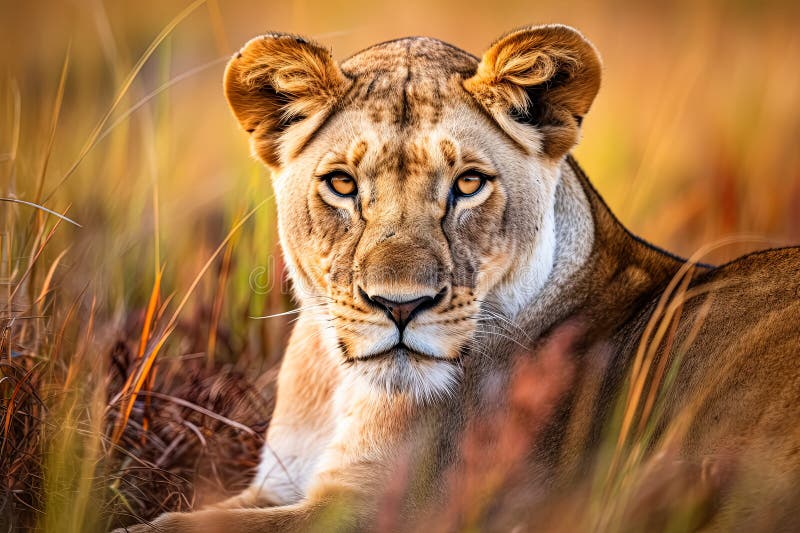 Lion is Laying in the Grass with Its Head Up. Stock Photo - Image of ...