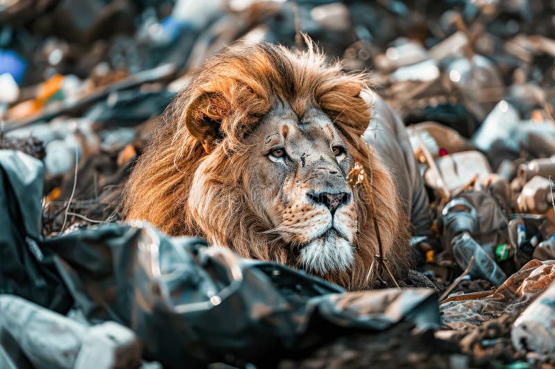 Lion is Laying in a Pile of Trash Stock Photo - Image of african ...