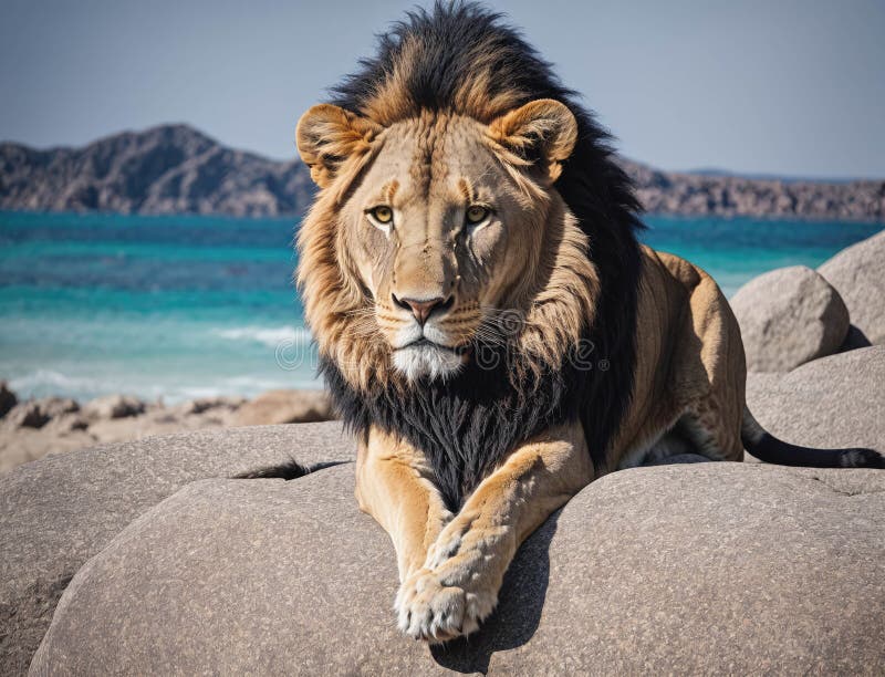 A Lion is Laying on a Rock by the Ocean Stock Illustration ...