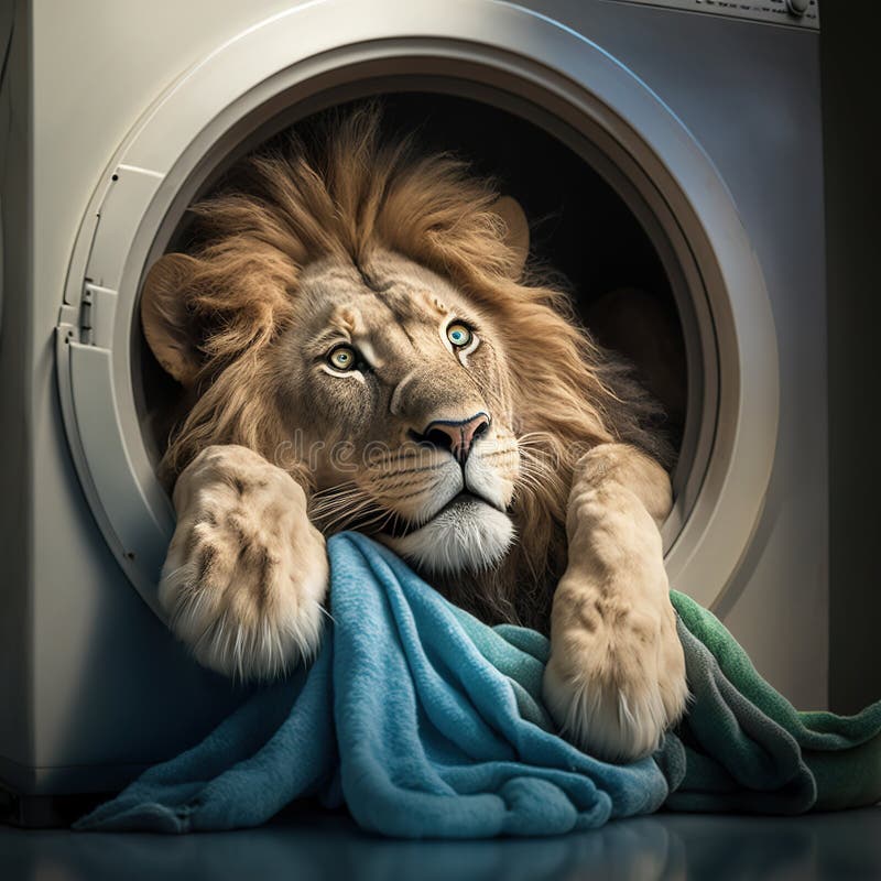 A Lion Laying in a Washing Machine with a Blue Towel on it S Side and ...