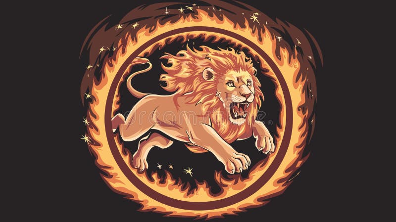 Lion Leaping through Ring of Fire, Mane Ablaze. Stock Vector ...