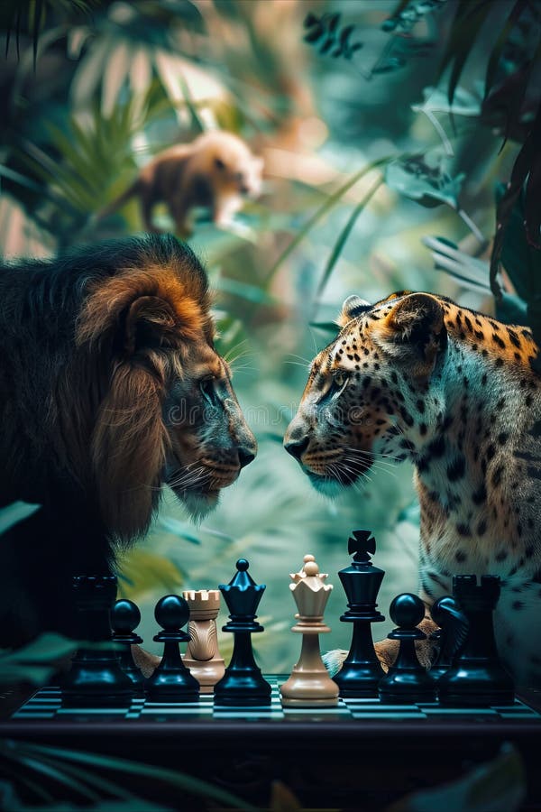 Lion and Leopard Playing Chess in the Jungle Stock Photo - Image of play, generated: 326236482