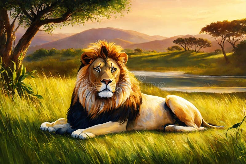 Lion Lies in the African Savanna. Drawing Stock Illustration ...