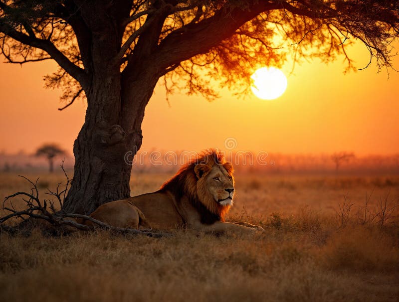 Lion Lies Under a Tree at Sunset Stock Illustration - Illustration of ...