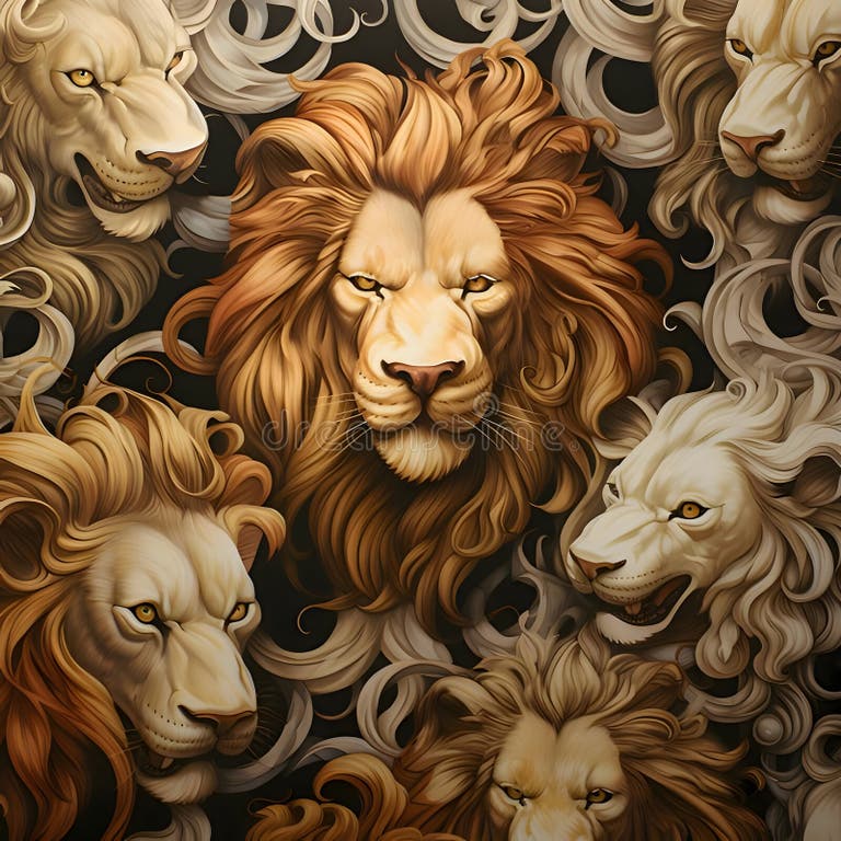 Lion and Lioness Seamless Pattern. Lion and Lion Heads Stock Vector ...