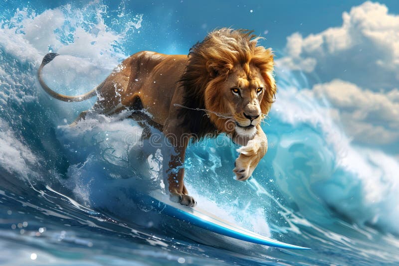 Lion Literally Surfing on Sea Waves Stock Illustration - Illustration ...