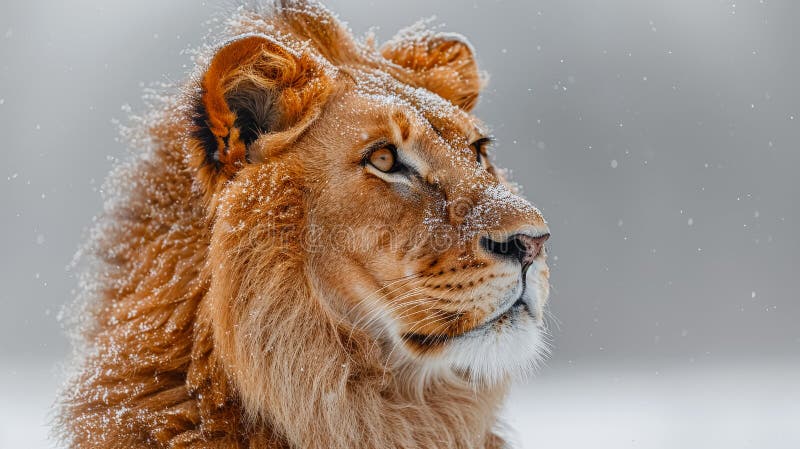 Lion with a Long Mane and a Snow Covered Face Stock Image - Image of ...