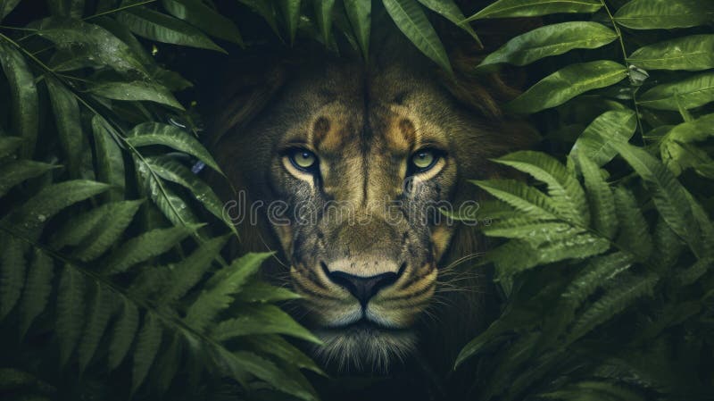Lion Looking from Inside the Jungle at the Camera AI Generative Stock ...