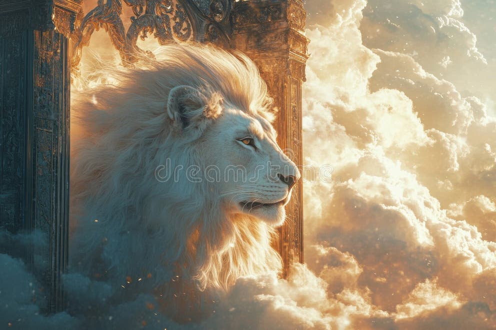 A Lion is Looking Out of a Window, with Clouds in the Background Stock ...