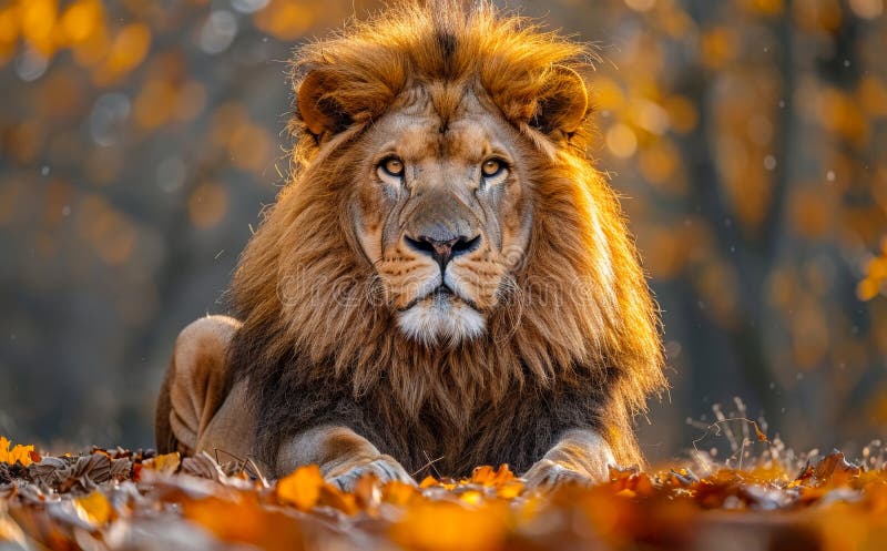 Lion Lying in the Autumn Leaves. a Big Lion Stock Image - Image of ...